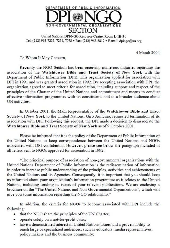 Jehovah's Witnesses and the United Nations - 20 Years Later - JW Watch